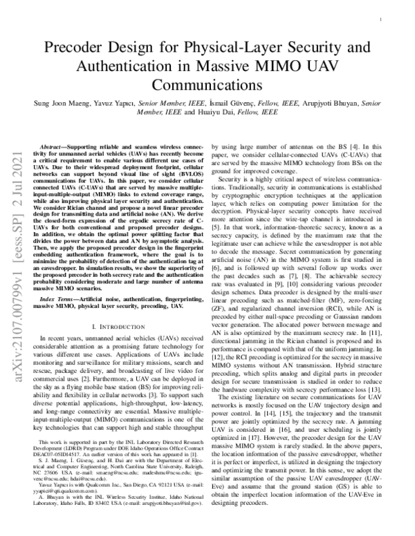 (PDF) Precoder Design for Physical-Layer Security and Authentication in Massive MIMO UAV ...
