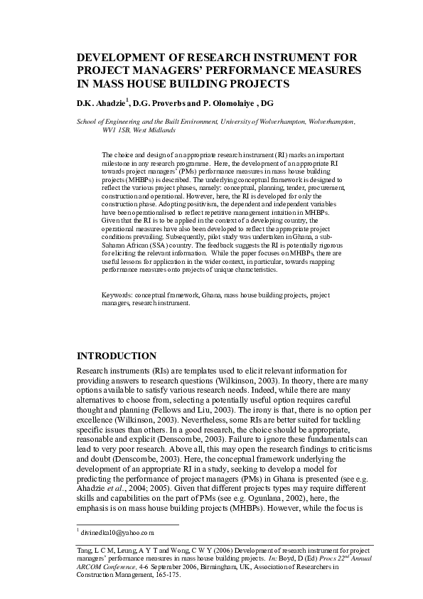 (PDF) Development of research instrument for project managers ...