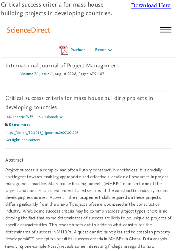 (PDF) Critical success criteria for mass house building projects in ...