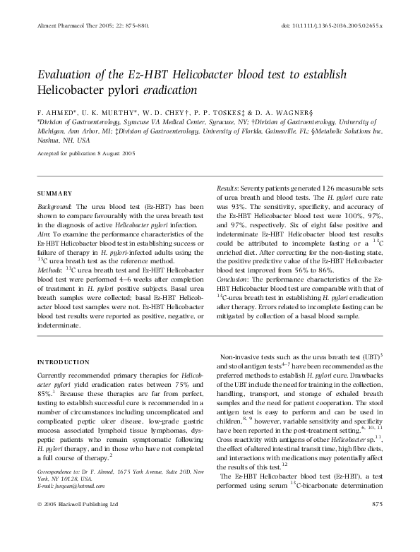 (PDF) Evaluation of the Ez-HBT Helicobacter blood test to establish ...