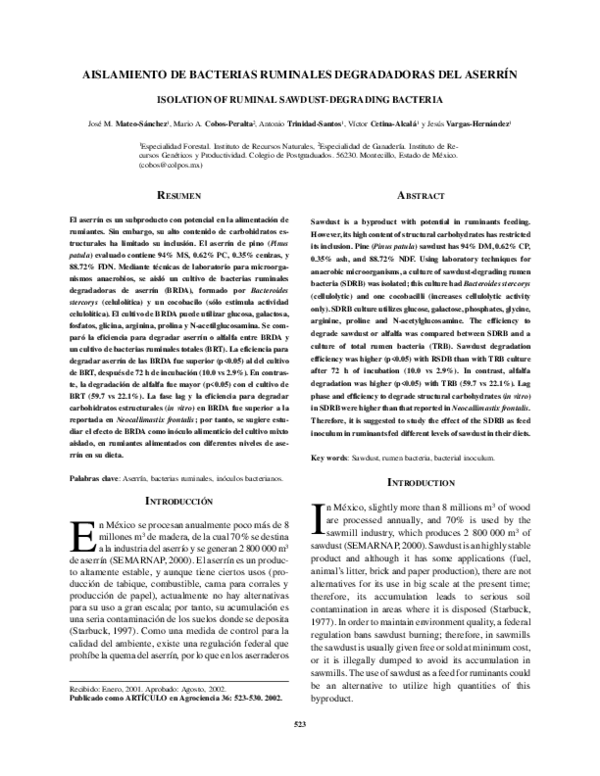 (PDF) Aislamiento De Bacterias Ruminales Degradadoras Del Aserrín ...