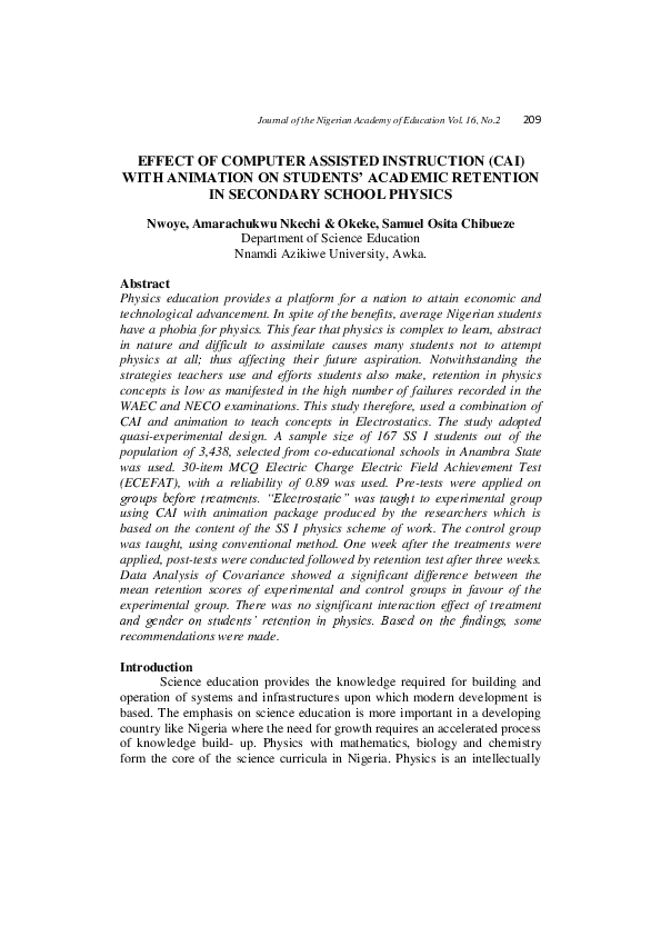 Pdf Effect Of Computer Assisted Instruction Cai With Animation On