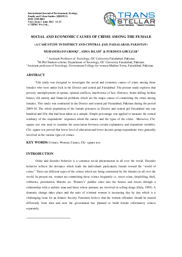 (PDF) Social and Economic Causes of Crime Among the Female (A Case ...