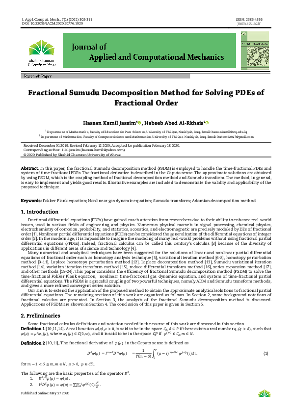 Pdf Fractional Sumudu Decomposition Method For Solving Pdes Of Fractional Order