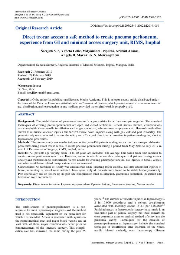 (PDF) Direct trocar access: a safe method to create pneumo peritoneum ...