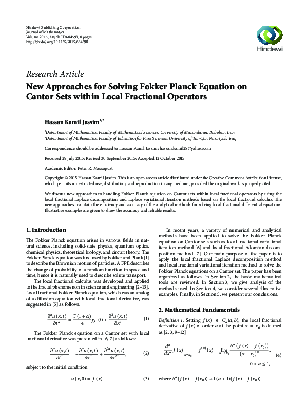 Pdf New Approaches For Solving Fokker Planck Equation On Cantor Sets