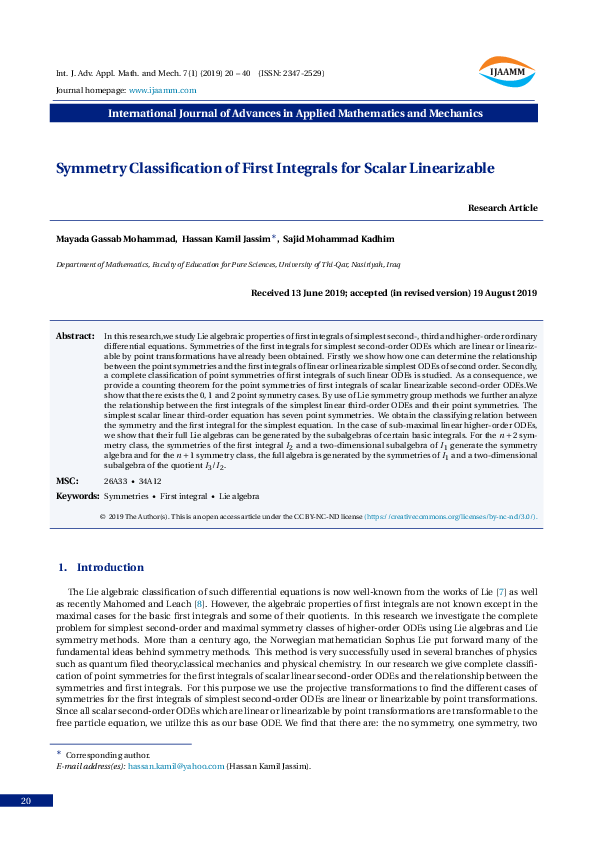(PDF) Symmetry Classification of First Integrals for Scalar Linearizable