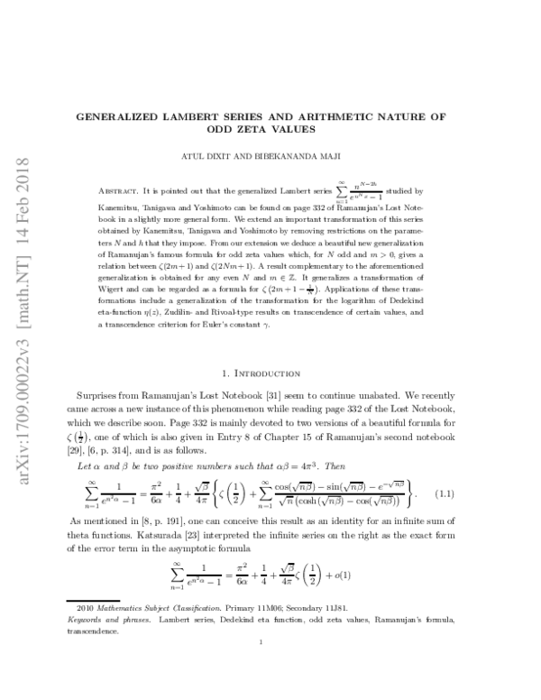 (PDF) Generalized Lambert series and arithmetic nature of odd zeta values