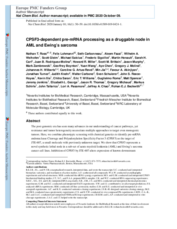 (PDF) CPSF3-dependent pre-mRNA processing as a druggable node in AML ...