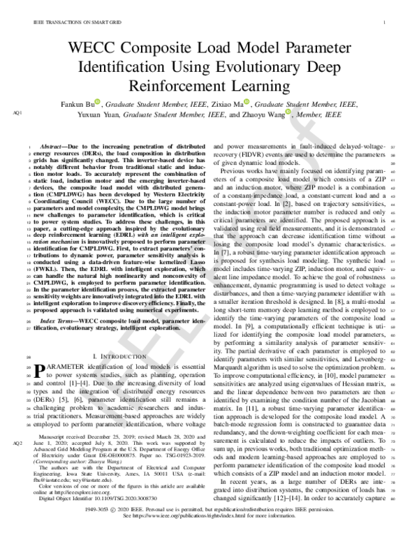 Pdf Wecc Composite Load Model Parameter Identification Using Evolutionary Deep Reinforcement