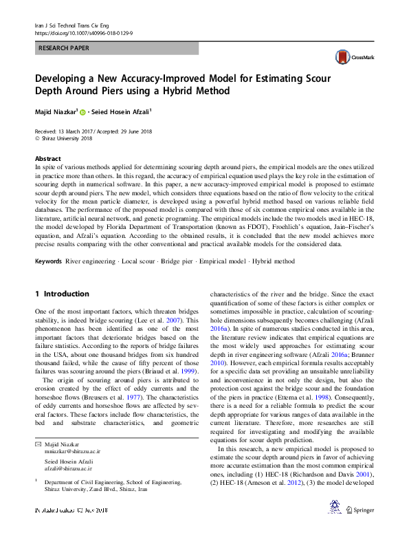 (PDF) Developing a New Accuracy-Improved Model for Estimating Scour Depth Around Piers using a ...