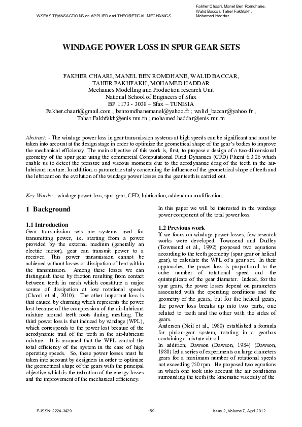 (PDF) Windage power loss in spur gear sets