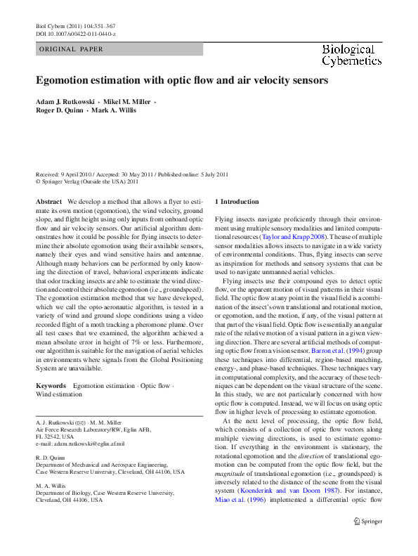 (PDF) Egomotion estimation with optic flow and air velocity sensors