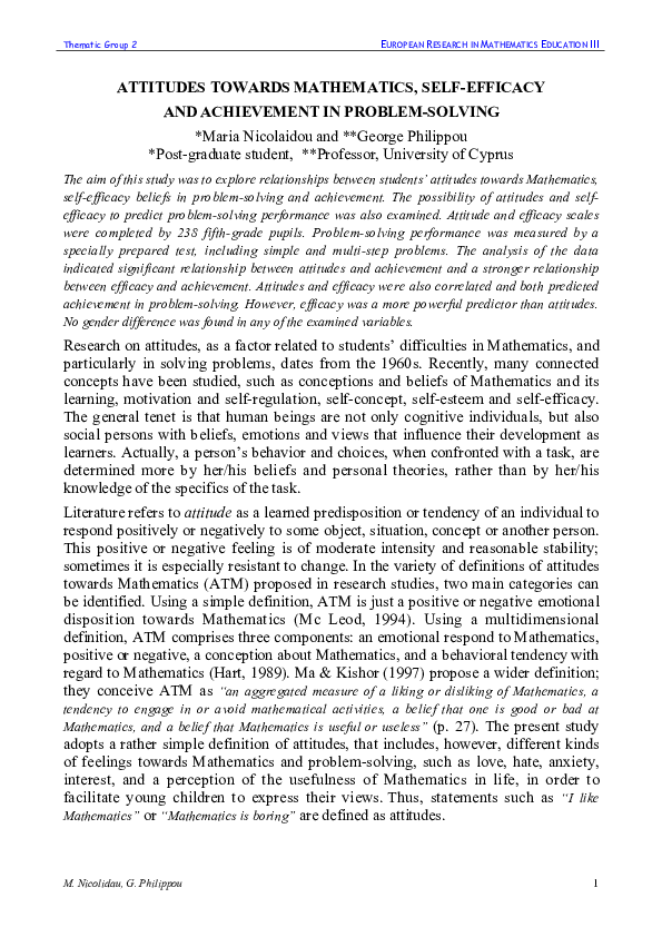 (PDF) Attitudes towards mathematics, self-efficacy and achievement in ...