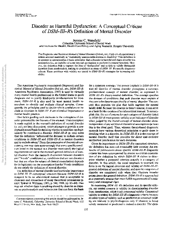(PDF) Disorder as harmful dysfunction: A conceptual critique of DSM-III ...