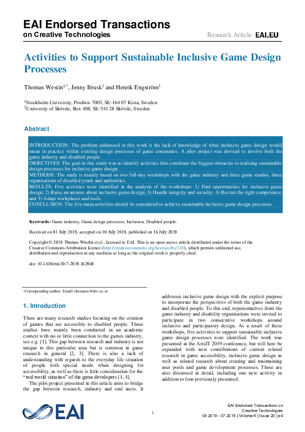 (PDF) Activities to Support Sustainable Inclusive Game Design Processes