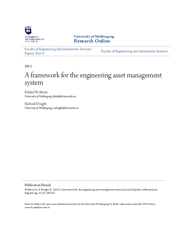 Pdf A Framework For The Engineering Asset Management System