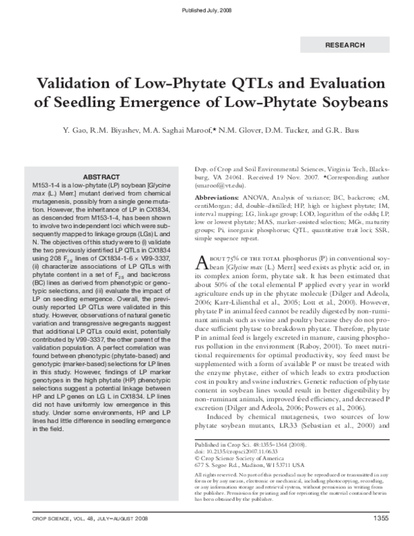 (PDF) Validation of Low-Phytate QTLs and Evaluation of Seedling ...