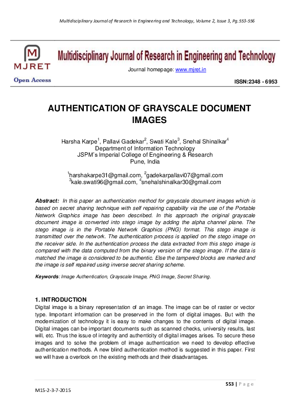 (PDF) Authentication of Grayscale Document Images