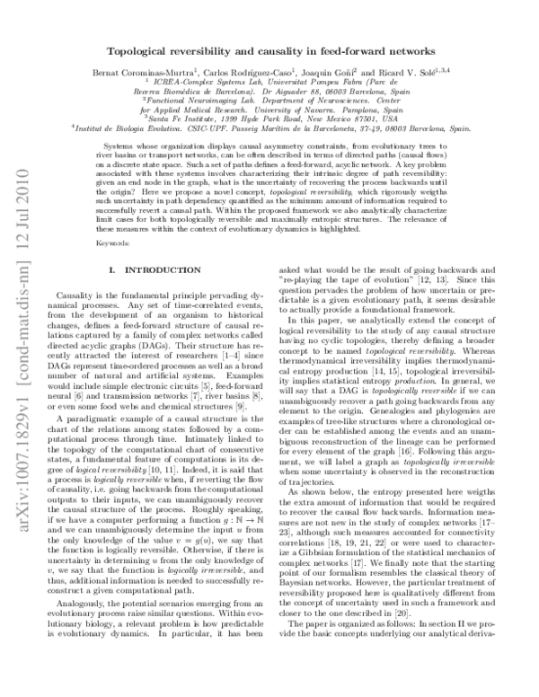 (PDF) Topological reversibility and causality in feed-forward networks | Ricard SOLÉ - Academia.edu