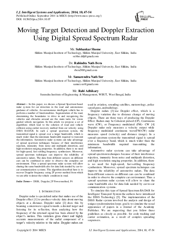 (PDF) Moving Target Detection and Doppler Extraction Using Digital Spread Spectrum Radar