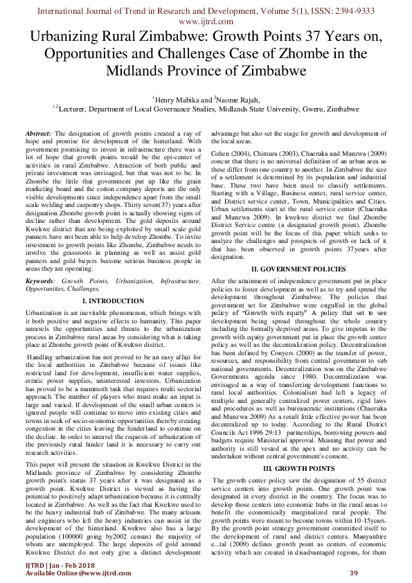 (PDF) Urbanizing Rural Zimbabwe: Growth Points 37 Years on ...