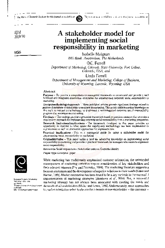 (PDF) A stakeholder model for implementing social responsibility in ...