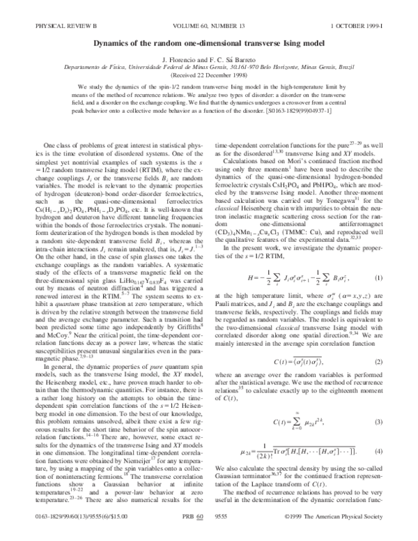 (PDF) Dynamics of the random one-dimensional transverse Ising model