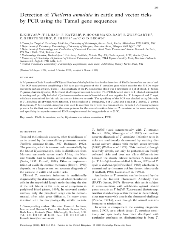 Pdf Detection Of Theileria Annulata In Cattle And Vector Ticks By Pcr