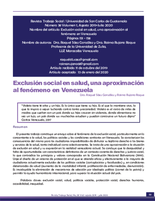 (PDF) Exclusión Social en Salud, una aproximación al Fenómeno en Venezuela