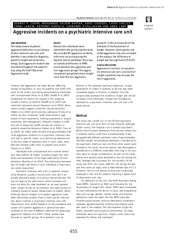 (PDF) Aggressive incidents on a psychiatric intensive care unit | Abbie ...