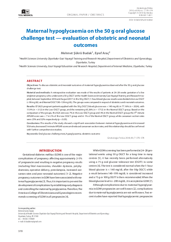 (PDF) Maternal hypoglycaemia on the 50 g oral glucose challenge test ...