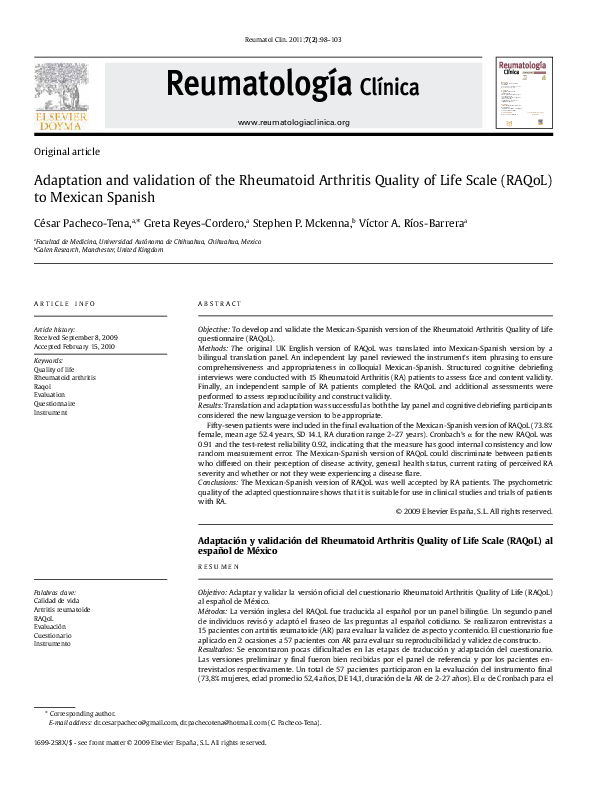 (PDF) Adaptación y validación del Rheumatoid Arthritis Quality of Life ...