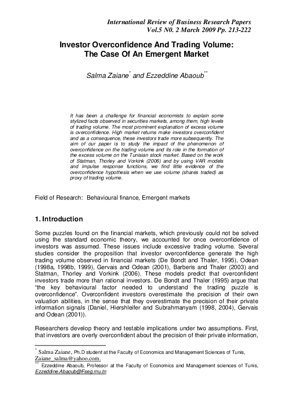 (PDF) Investor Overconfidence And Trading Volume: The Case Of An ...