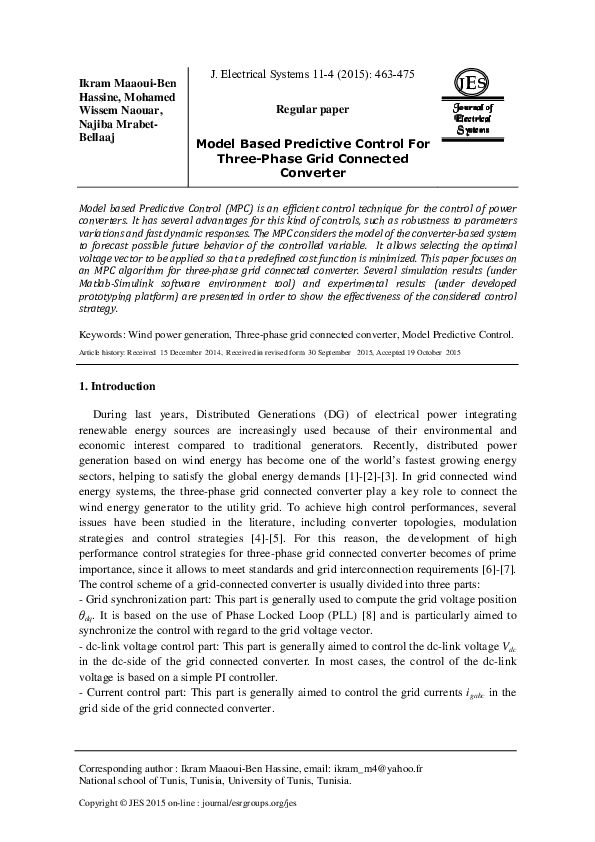 Pdf Model Based Predictive Control For Three Phase Grid Connected Converter Najiba Bellaaj