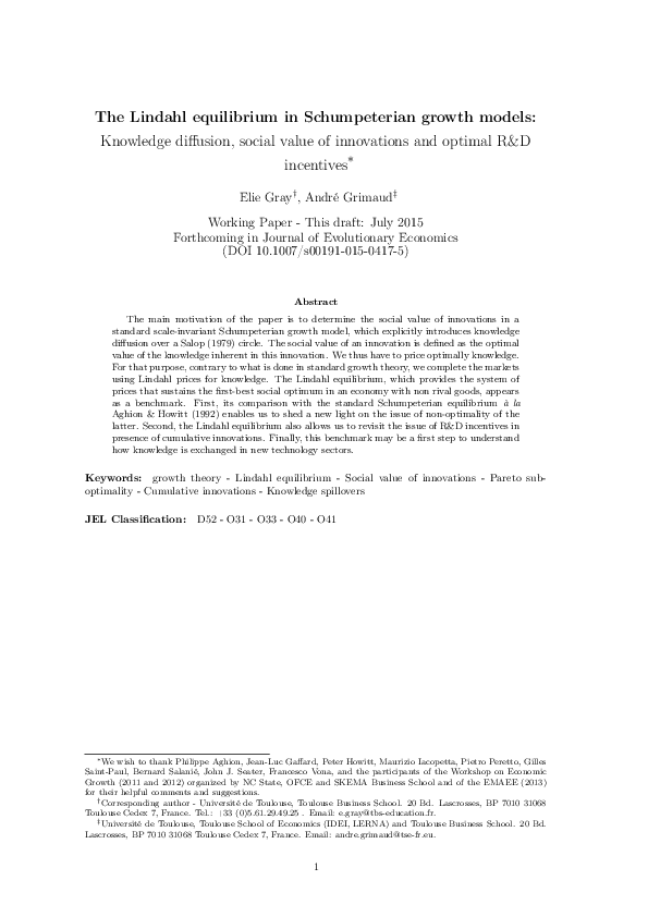 (PDF) The Lindahl equilibrium in Schumpeterian growth models