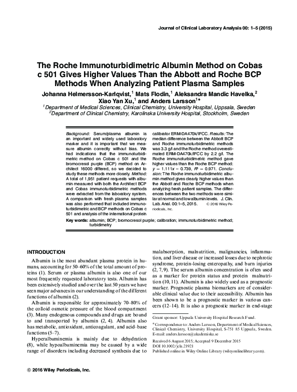 (PDF) The Roche Immunoturbidimetric Albumin Method on Cobas c 501 Gives ...