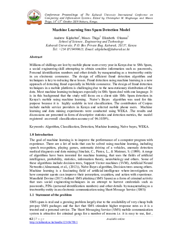 Pdf Machine Learning Sms Spam Detection Model