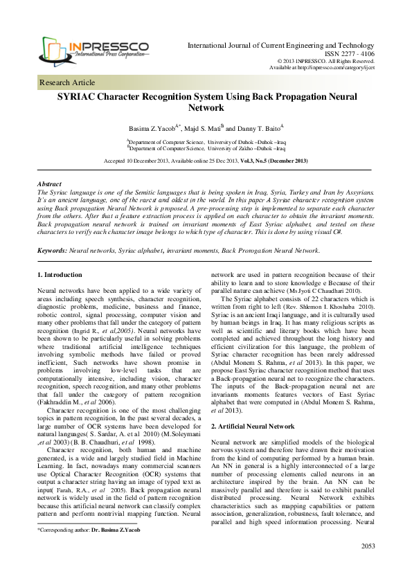 Pdf Syriac Character Recognition System Using Back Propagation Neural