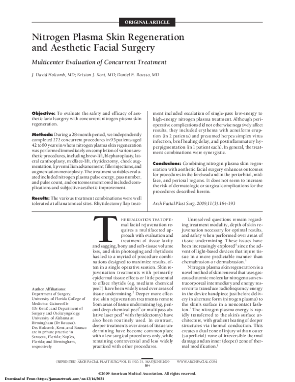 (PDF) Nitrogen Plasma Skin Regeneration and Aesthetic Facial Surgery