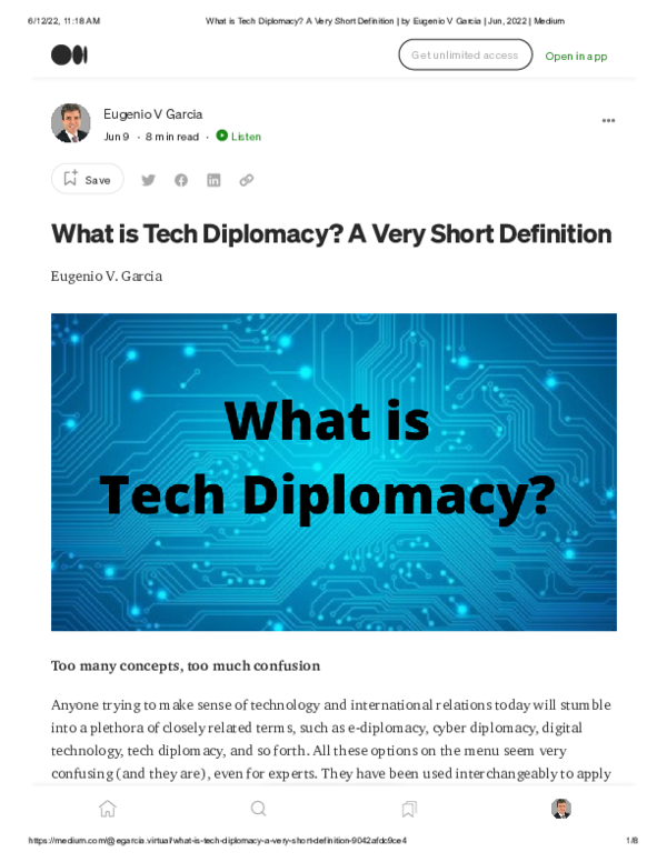 (PDF) What is Tech Diplomacy? A Very Short Definition | Eugenio Vargas ...