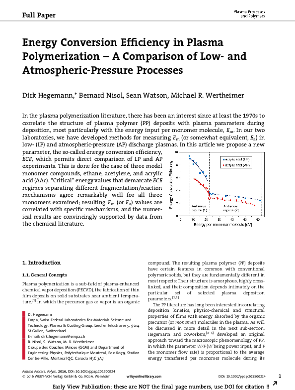 (PDF) Energy Conversion Efficiency in Plasma Polymerization - A ...