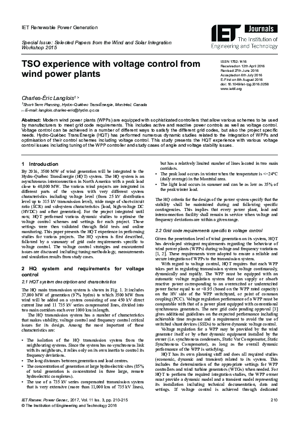 (PDF) TSO experience with voltage control from wind power plants
