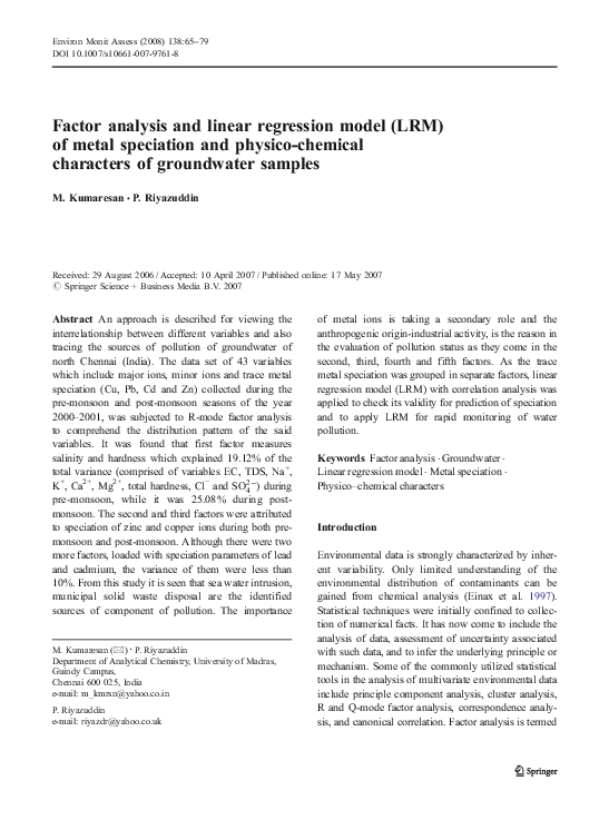 (PDF) Factor analysis and linear regression model (LRM) of metal speciation and physico-chemical ...