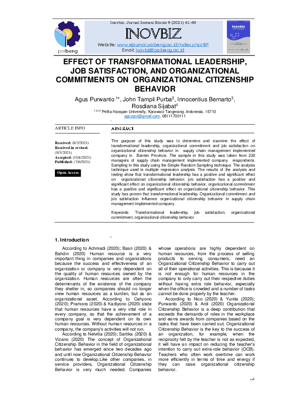 (PDF) Effect of Transformational Leadership, Job Satisfaction, and Organizational Commitments on ...
