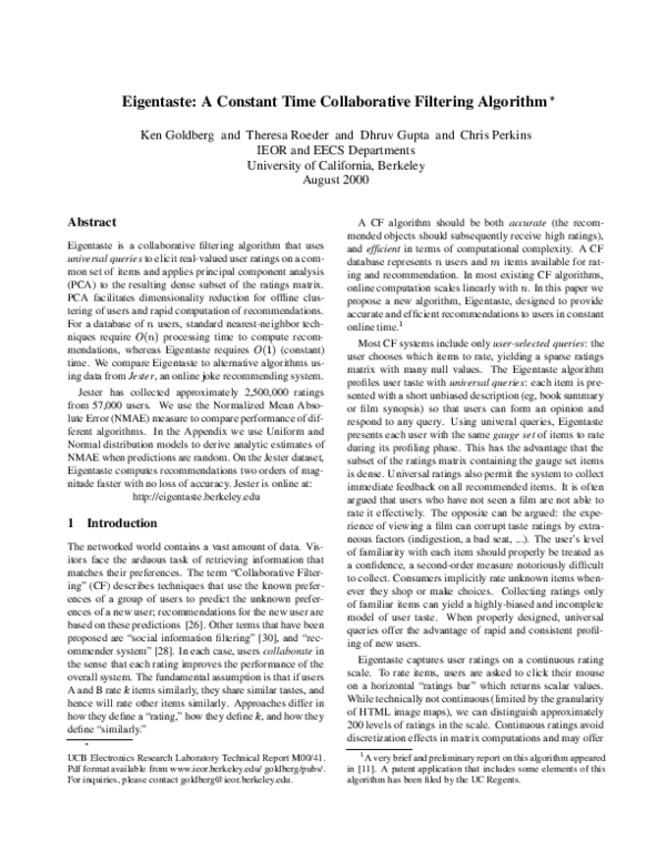 (PDF) Eigentaste: A Constant Time Collaborative Filtering Algorithm