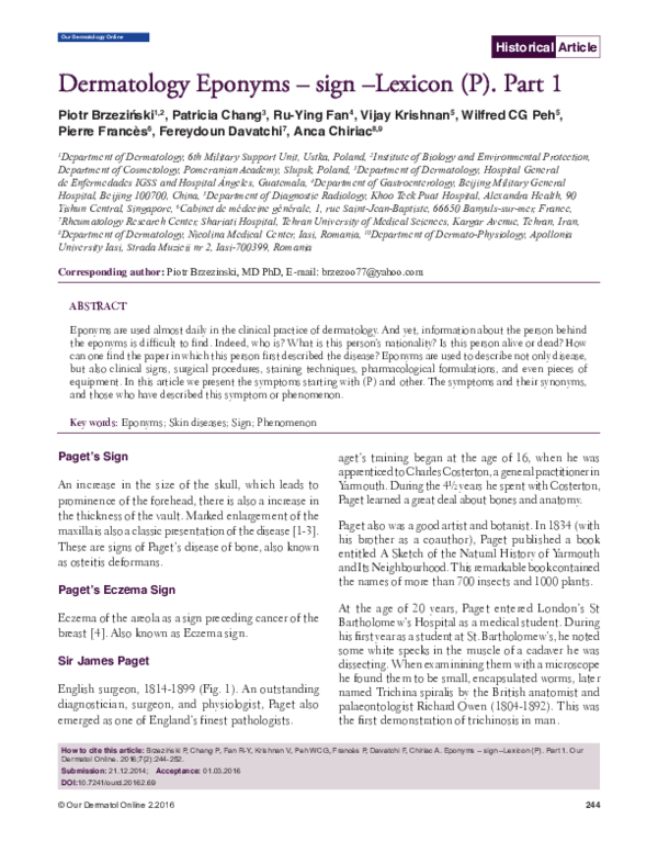 (PDF) Dermatology Eponyms – sign –Lexicon (P). Part 1