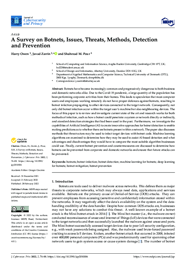 Pdf A Survey On Botnets Issues Threats Methods Detection And
