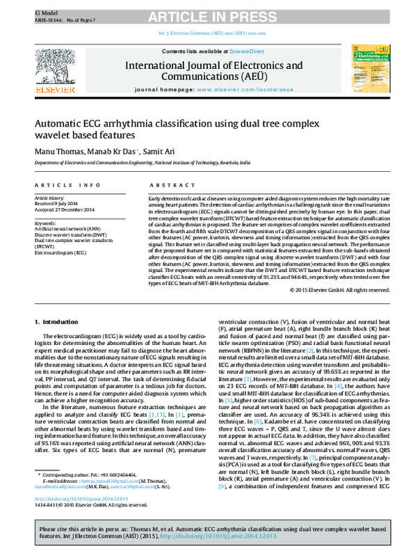 Pdf Automatic Ecg Arrhythmia Classification Using Dual Tree Complex Wavelet Based Features