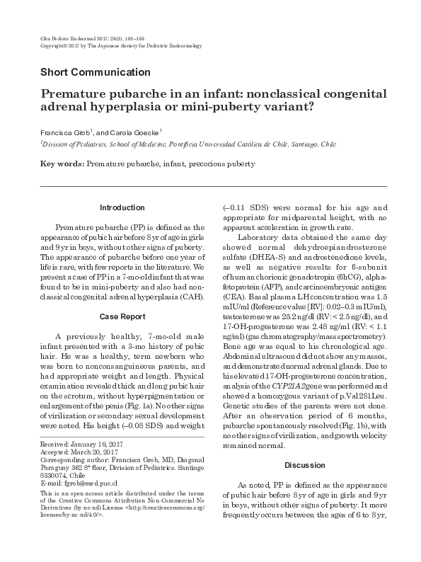 (PDF) Premature pubarche in an infant: nonclassical congenital adrenal ...